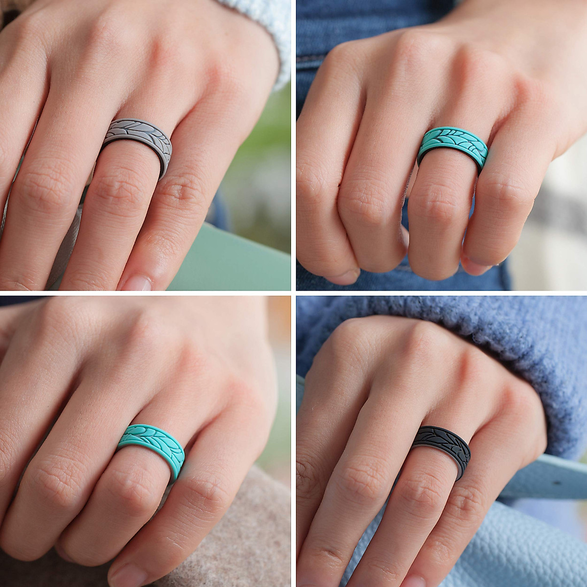 ThunderFit Silicone Rings for Women, Patterned Design Wedding Bands - 1/4/7 Variety Multipack (Teal-Black, Black-Grey, Teal-Grey, Grey-Black, 6.5-7 (17.3mm))