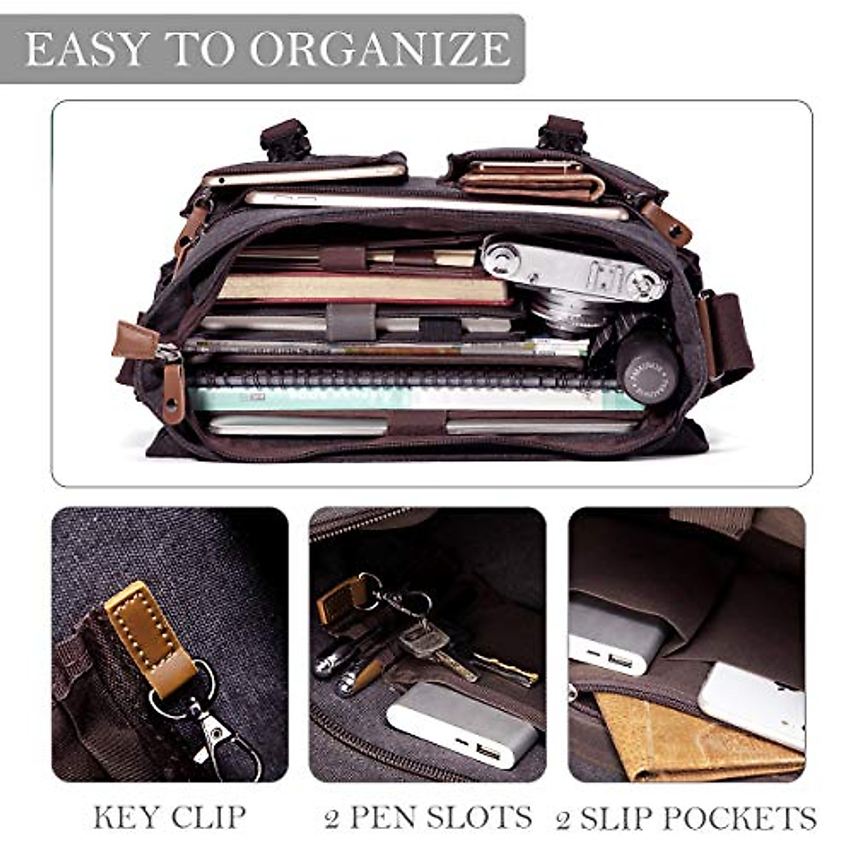 VASCHY Messenger Bag for Men, Water Resistant Canvas 14inch Laptop Shoulder Commuter Bag for Men and Women Dark Gray