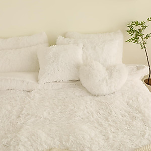 HAIHUA Faux Fur Plush White Comforter Cover Queen Set 9 Pieces，Shaggy Luxury White Bedding Set, Soft Fluffy Bed Sets Full Queen with Duvet Cover and Sheets (White, Full/Queen)