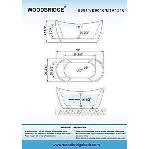 WOODBRIDGE 59" Acrylic Freestanding Bathtub Contemporary Soaking White Tub with Chrome Overflow and Drain，B0016 -C-Drain &O