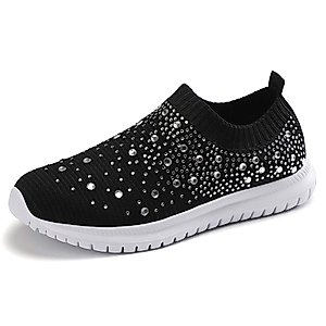 GOSPT Women's Mesh Walking Shoes Rhinestone Glitter Slip On Ballroom Jazz Latin Dance Sock Sneakers Black 9