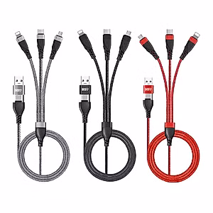 LHJRY USB A/C to Multi Charging Cable, 4ft 3Pack Universal 6-in-1 USB Cellphone Cables, Multiple Charger Cord with Phone/Type C/Micro USB Connectors for Laptop/Tablet/Phone(Gray,Black,Red)