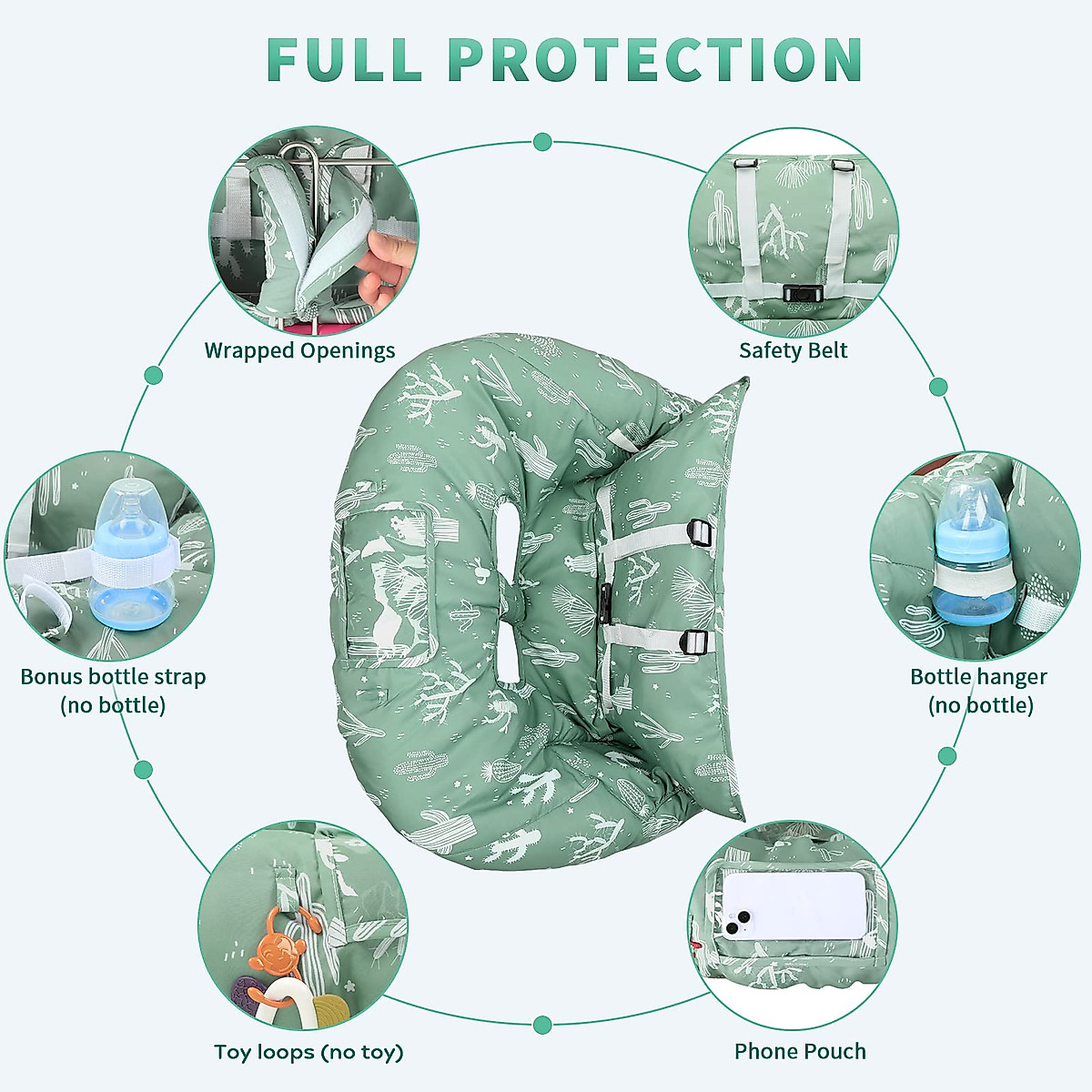 Yoofoss Shopping Cart Cover for Baby, 2-in-1 High Chair Cover with Safety Harness, Multifunctional Cart Covers for Toddler, Universal Fit, Soft Padded Grocery Cart Cover for Baby Boy Girl - Green