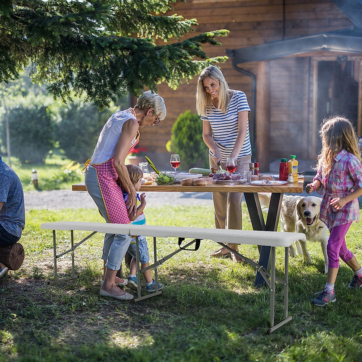 Giantex 6 Feet Folding Bench, Set of 2 Portable Indoor Outdoor Seat for Picnic Camping Party Dining, Foldable Bench with Carrying Handle 550 lbs Capacity Off White