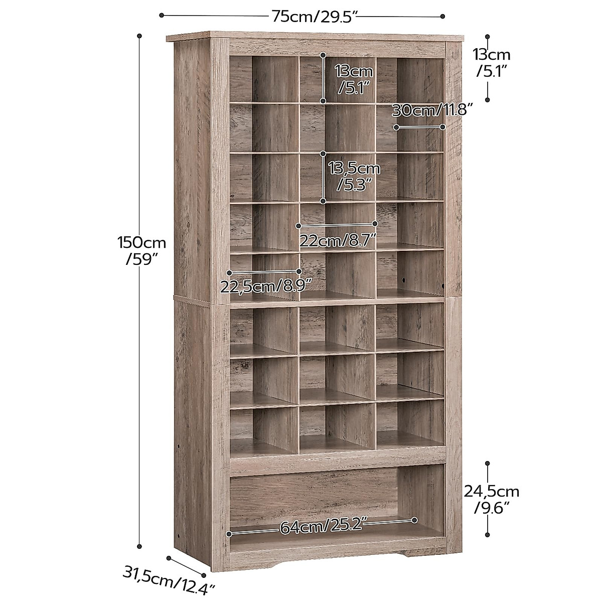 HOOBRO Tall Shoe Cabinet, 9 Tier Shoe Storage Cabinet, Freestanding Wooden Shoe Cabinet Organizer with 24 Cubbies and 3 Hooks, for Entryway, Closet, Living Room, Greige BG24SC01