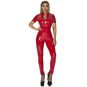 FEOYA Red Latex Catsuit Women Patent Leather Bodysuit Dominatrixs Outfit Shiny Pvc Jumpsuit XS