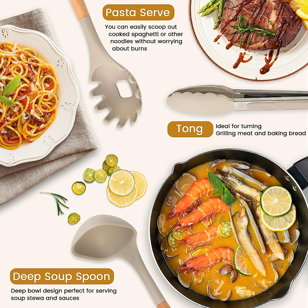 Kitchen Knife Sets, 10-Piece Khaki Sharp Knife Set & Kitchen Utensils Set with Block,Stainless Steel Knife Block Set,Silicone Cooking Utensils Set with Tongs,Utensils Holder for Storing Tools (Khaki)