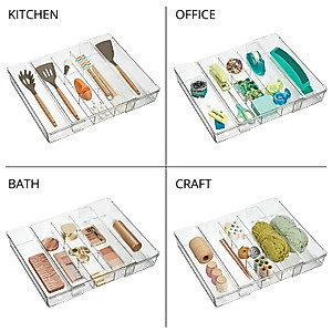 mDesign Dual Expandable Plastic In-Drawer Utensil Organizer Tray Deep 5 Section Divided for Kitchen Organization; Holds Cutlery, Flatware, Silverware, Cooking Utensils, Ligne Collection, 2 Pack, Clear