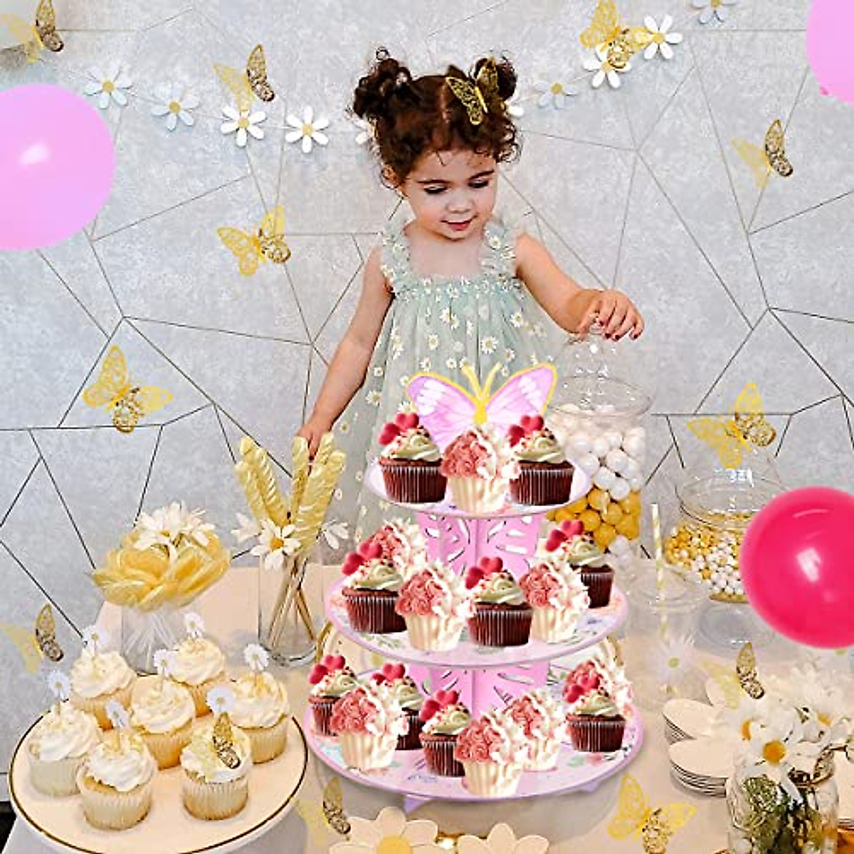 Butterfly Party Cupcake Stand for Girls Pink 3-Tier Cake Stand Baby Shower Spring Butterfly Birthday Party Table Cake Holder Decorations for Kids Cupcake Stands Butterfly Theme Decorations Supplies