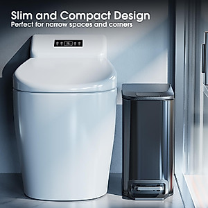 CEROELDA Small Bathroom Trash Can with Plastic Lid, 6L/1.6 Gal Stainless Steel Slim Garbage Can-Metal Wastebasket-Rectangle Pedal Step Trash Bin -for Kitchen Bedroom Office Toilet-Black