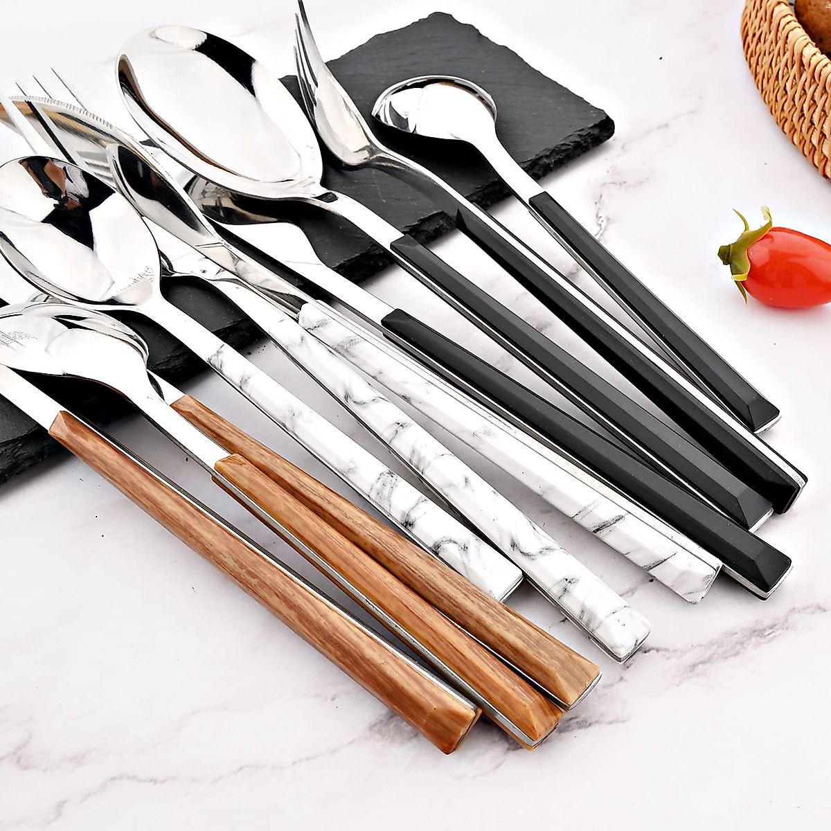 BRIIEC 24Pcs White Imitation Marble Pattern Handle Flatware Silverware Set, Stainless Steel Cutlery Set for 6, Square Handle Eating Utensils, Mirror Polished for Home Kitchen Bar Restaurant