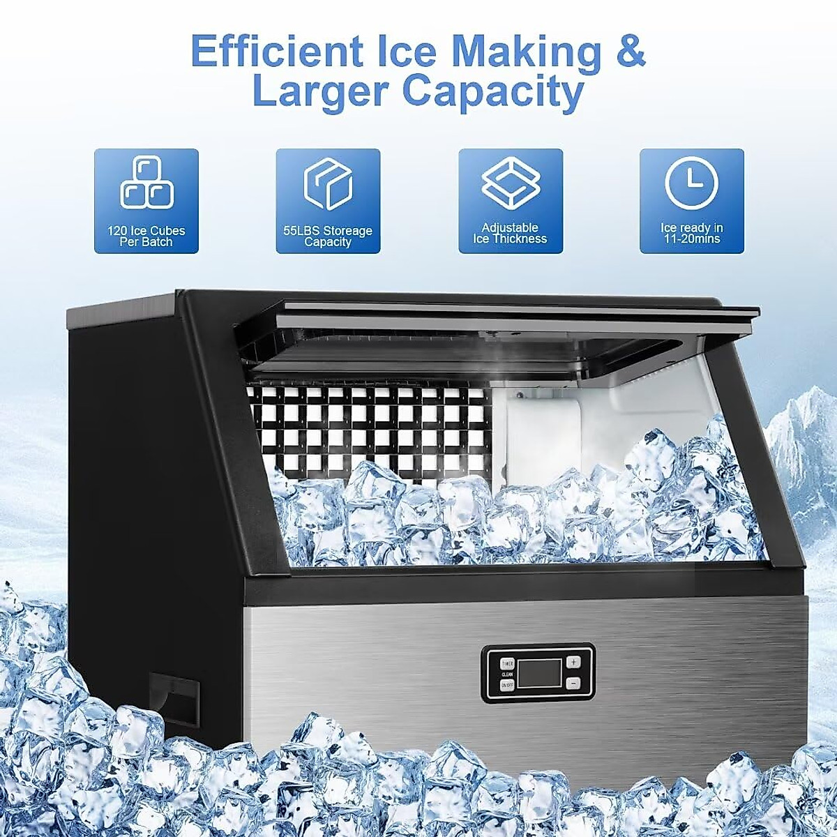 Kismile Commercial Ice Maker, Freestanding Nugget Ice Maker 200lbs/24h, 55lbs Storage Bin, Full Heavy Duty Stainless Steel Construction, Ice Maker Machine for Home Bar, Coffee Shop, Business