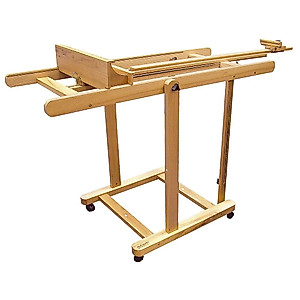 Mont Marte Tilting Studio Wooden Floor Easel. Height Adjustable Extra Large H-Frame Featuring a Large Tilt Range. Castor Wheels Allow Easy Movement and Can Be Locked into Place.