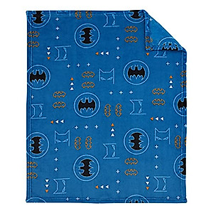 Warner Brother Batman Blue, Orange, and White with Icons, Emblems, and Triangles Super Soft Baby Blanket