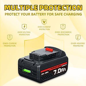 DASNITE 2Pack 7.0Ah 20Volt DCB200 Li-ion Batteries Replacement for Dewalt 20V Battery and DCB112 Charger Compatible with Dewalt 20V Max Cordless Tools DCB204 DCB206 DCB201 DCB207 DCD/DCF/DCG Series