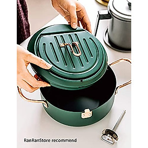 RANRAN Japanese Tempura Deep Fryer Pot with Thermometer and lid 20 cm / 8 inches 2200ml 2.3 Quart with nonstick coating Mini Deep Fryer tempura/chicken/fish/shrimp Perfect for Couples (Green Black) Easy Clean RRSRSYZG