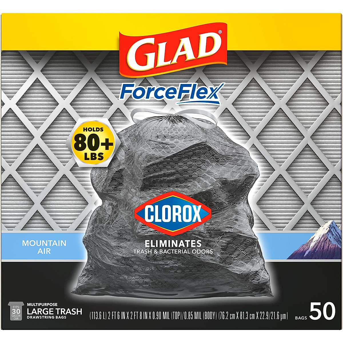 GLAD ForceFlex Large Drawstring Trash Bags, 30 Gallon Black Trash Bags for Large Kitchen Trash Can, Mountain Air Scent to Eliminate Odors, 50 Count (Package May Vary)