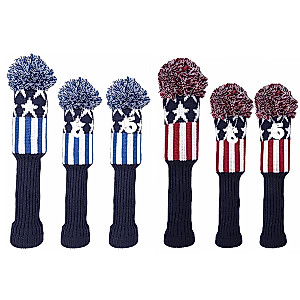 Golf Builder 3pcs/Set USA Stars and Stripes Knitted Golf Head Covers Sock Covers Pom Pom Covers for Driver Fairway Wood (Blue)