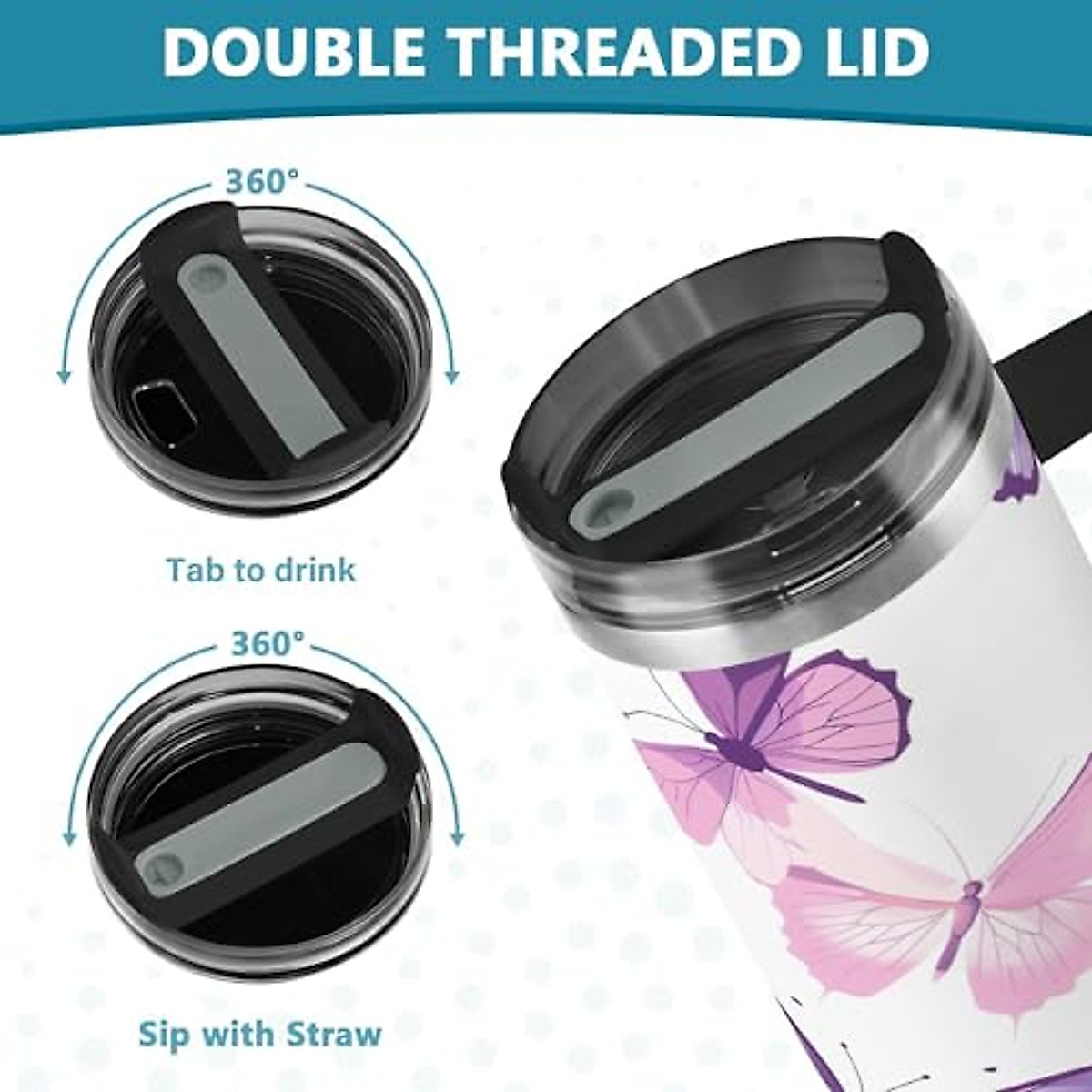 FRCSDIY Butterfly Insulated Tumbler with Handle and Straw Lid,40oz Leakproof Stainless Steel Cup BPA-Free Water Bottle