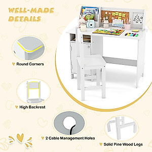 Costzon Kids Desk and Chair Set, Wooden Children Study Table with Storage, Hutch, Cork Bulletin Board, Whiteboard & Marker, Student Computer Workstation Writing Desk for Kids Bedroom, School, White