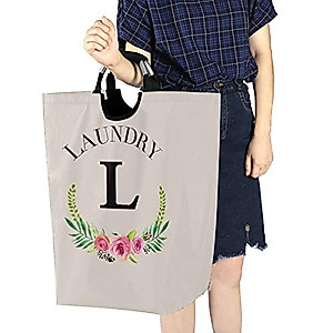Laundry Hamper Personalized Floral Initial Laundry Basket Shopping Bag, Collapsible Fabric Laundry Hamper, Foldable Clothes Bag for Toy Bins, Gift Baskets, Bedroom, Clothes, Baby Hamper 2100087(L)