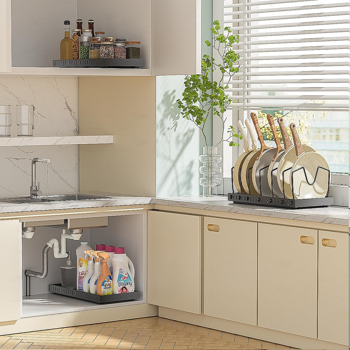 GoMaihe Pull-out Pots and Pans Organizer 2 Pack - Under Cabinet Pot Lid Holder for Kitchen - Bakeware & Dishes Storage Rack with Slide Rails - Multi-purpose Silde-out Drawer - Easy to Clean - Black