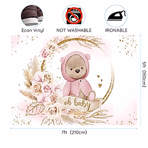 7X5FT Oh Baby Backdrop for Sweet Girl with Pink Bear Boho Rose Flower Background Baby Shower Gold Spots Photography It's a Girl Party Decorations Pink Pampas Grass Banner Photo Booth Props