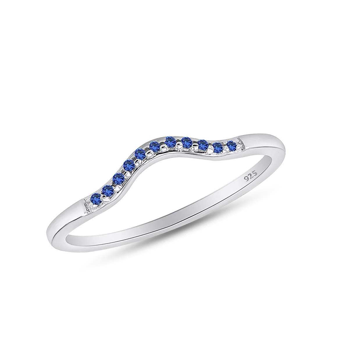 AFFY Round Cut Simulated Blue Sapphire Curved Wedding Band Ring in 14k White Gold Over Sterling Silver