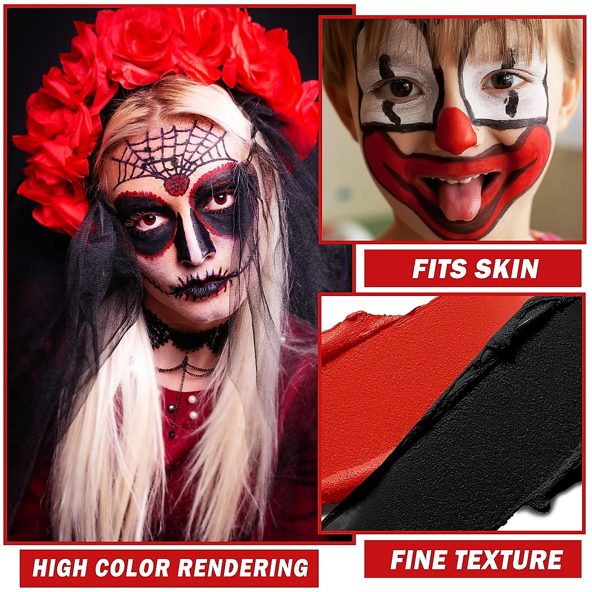 QIUFSSE Clown Makeup Kit,White Black Red Face Body Paint for Adults Professional Oil Based Waterproof Halloween Cosplay SFX Special Effects Makeup Kit