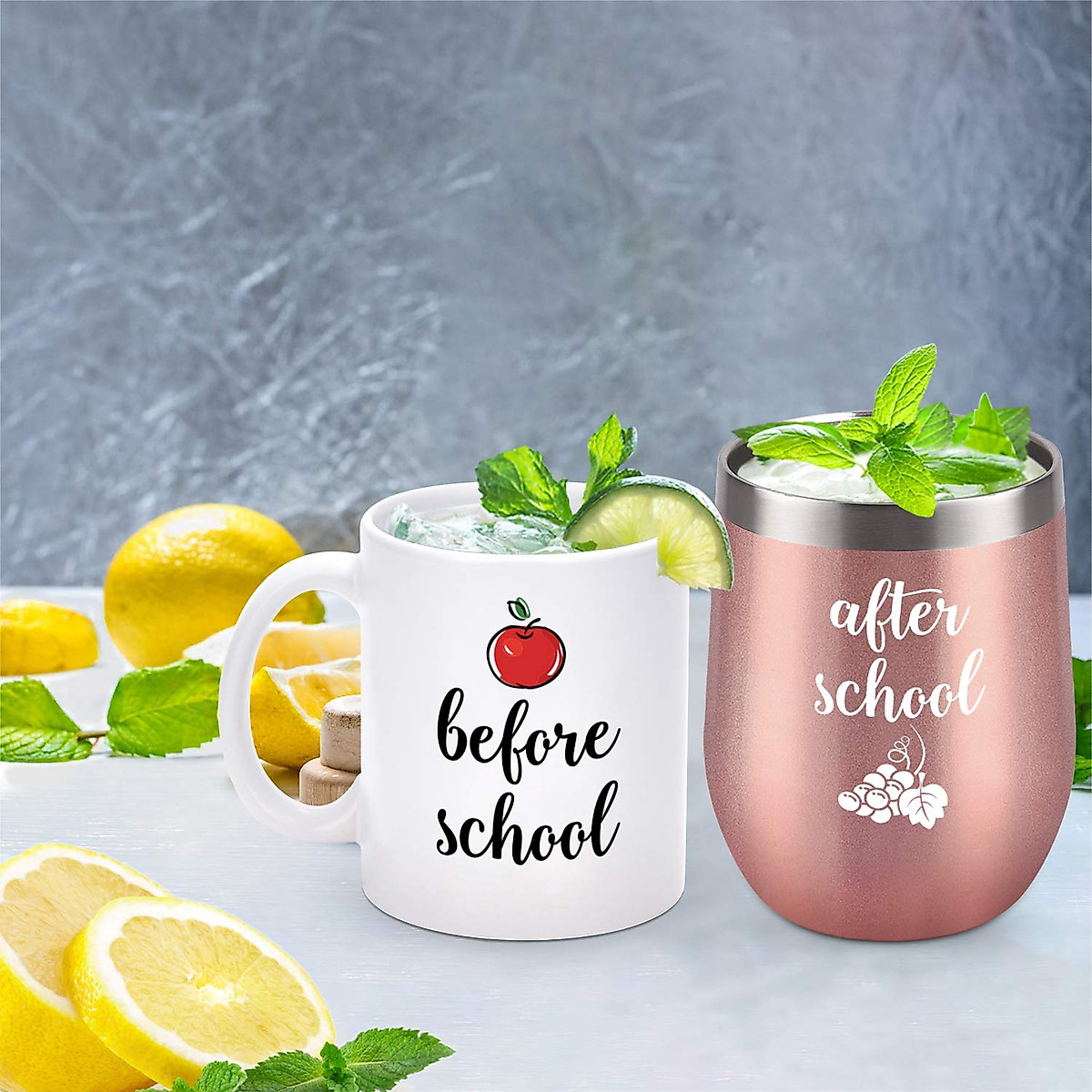 Qtencas Before School After School Teacher Coffee Mug and Wine Tumbler Set, Funny Idea for Teachers, Teacher Appreciation from Students, 12 Oz Insulated Stainless Steel Tumbler 11 Oz Coffee Mug