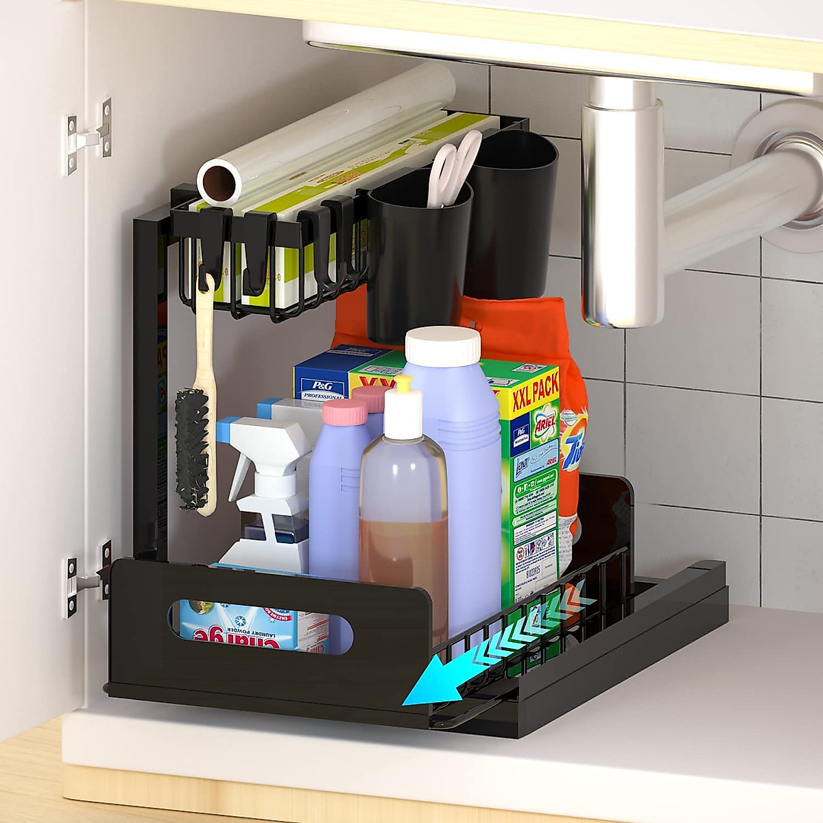 Metal Under Sink Kitchen Organizer with Cups and Hooks, 2 Tier L Shaped Rack Pull Out Under Sink Storage with Sliding Drawer, Multifunction Cabinet Organizer for Kitchen Bathroom Office Living Room