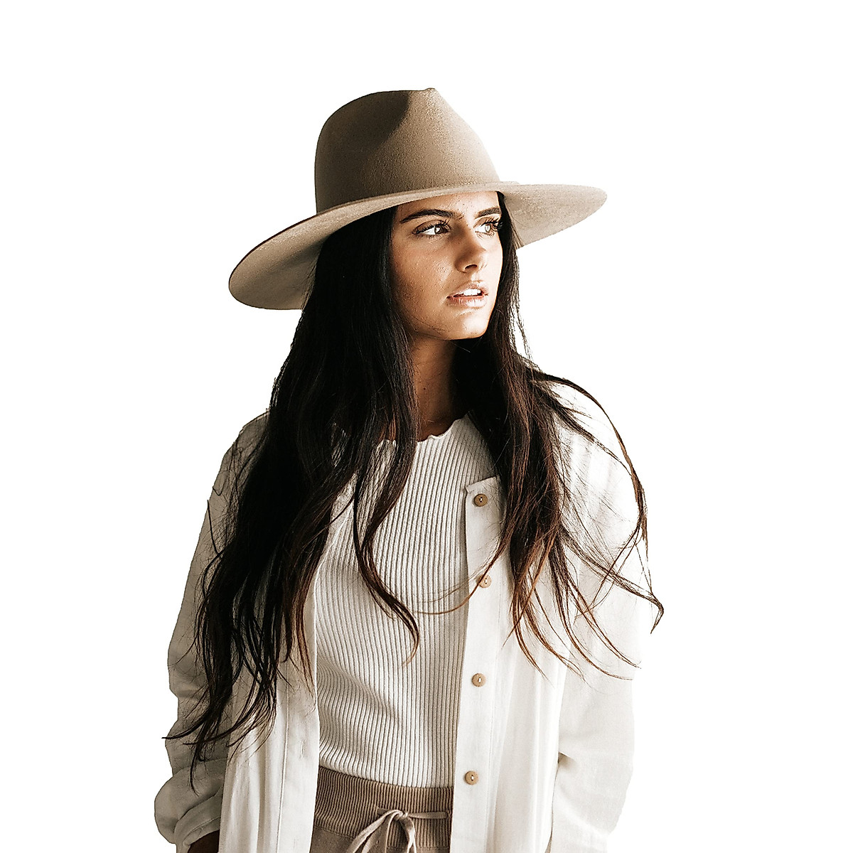 Gigi Pip Emma Wide Brim Felt Fedora Hat, 100% Australian Wool, Tan, Small/Med