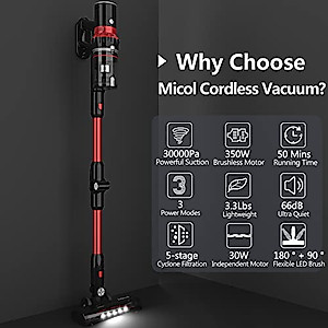 Micol Cordless Vacuum Cleaner, Lightweight Stick Vacuum Cleaner with 30Kpa, Max 50min Runtime, 350W Brushless Motor, LED Display, 6 in 1 Handheld Vacuum Cleaner for Hard Floor Carpet Car Pet Hair, Red