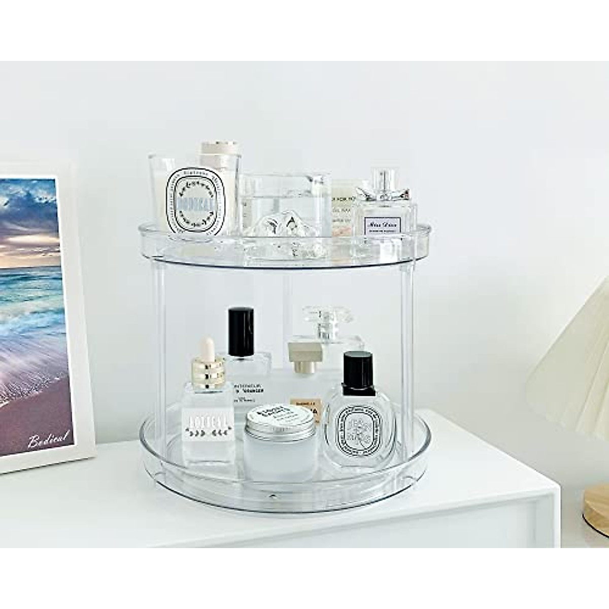 2 Tier Lazy Susan Bathroom Organizer Countertop,10.6inch Perfume Tray Makeup Skincare Organizers, Lazy Susan Turntable for Cabinet, Bathroom, Medicine Cabinet Organizer Spice Rack Organizer -Clear