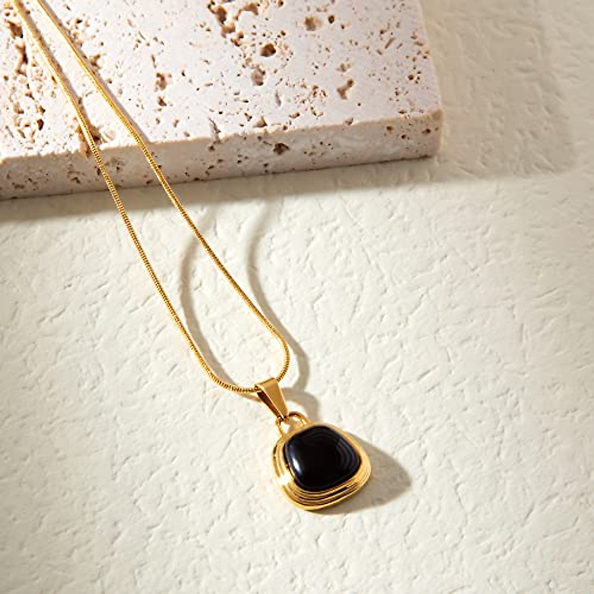 PEPELUALI 16" 18k Gold Handmade Vintage Black Onyx Pendant Necklace, Protection Gemstone Square Black Glaze Energy Healing Gemstone Pendant Necklace Jewelry, Inspirational Gifts for Women, Mom, Sister