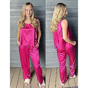 Ekouaer Women's Silk Pajamas Tank Top and Shorts Pjs Nightwear 2 Piece Satin Sleep Set Plus Size Hot Pink