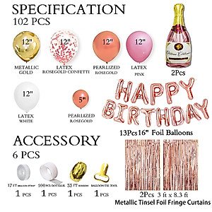 Rose Gold Birthday Decorations for Women, Include Happy Birthday Banner, Rose Gold Champagne Balloon Garland Arch Kit and 2Pcs Rose Gold Fringe Curtain