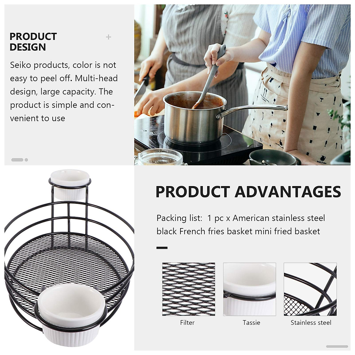 Cabilock Stainless Fried Chicken Display Rack Steel French Fries Basket Food Frying Basket French Fries Container Snack Serving Plate with 2 Dipping Fry Basket Cup Fried Chicken Basket (Black)