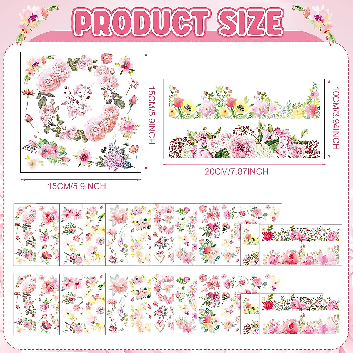 24 Sheets Rub on Transfers Flower Decor Stickers PET Iron on Transfers Plant Stickers Waterproof Vinyl Decals for Furniture Scrapbooking Diary Journals DIY Arts and Crafts Spring Decor (Floral)