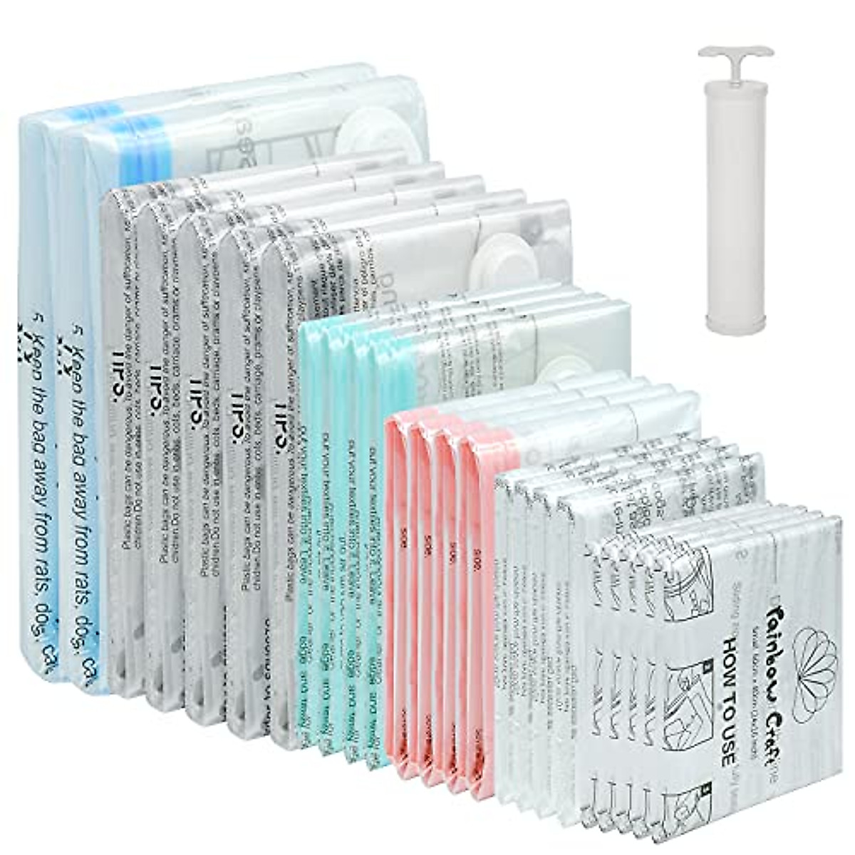 Rainbow Craft 34-PACK Vacuum Storage Bags for Cloths Space Saver Vacuum Bags for Blanket Including 2pc X-Jumbo, 15pc Jumbo, 4pc Large, 4pc Medium & 9pc Hand Roll Cloth Bags