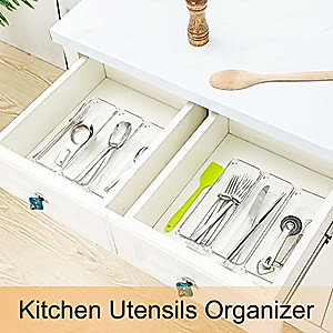 Clear Plastic Drawer Organizers Set, Organizer Trays for Kitchen Drawers Set of 6, Vanity Organizer for Bathroom, Makeup, Kitchen Utensils and Office, 9 x 3 x 2In