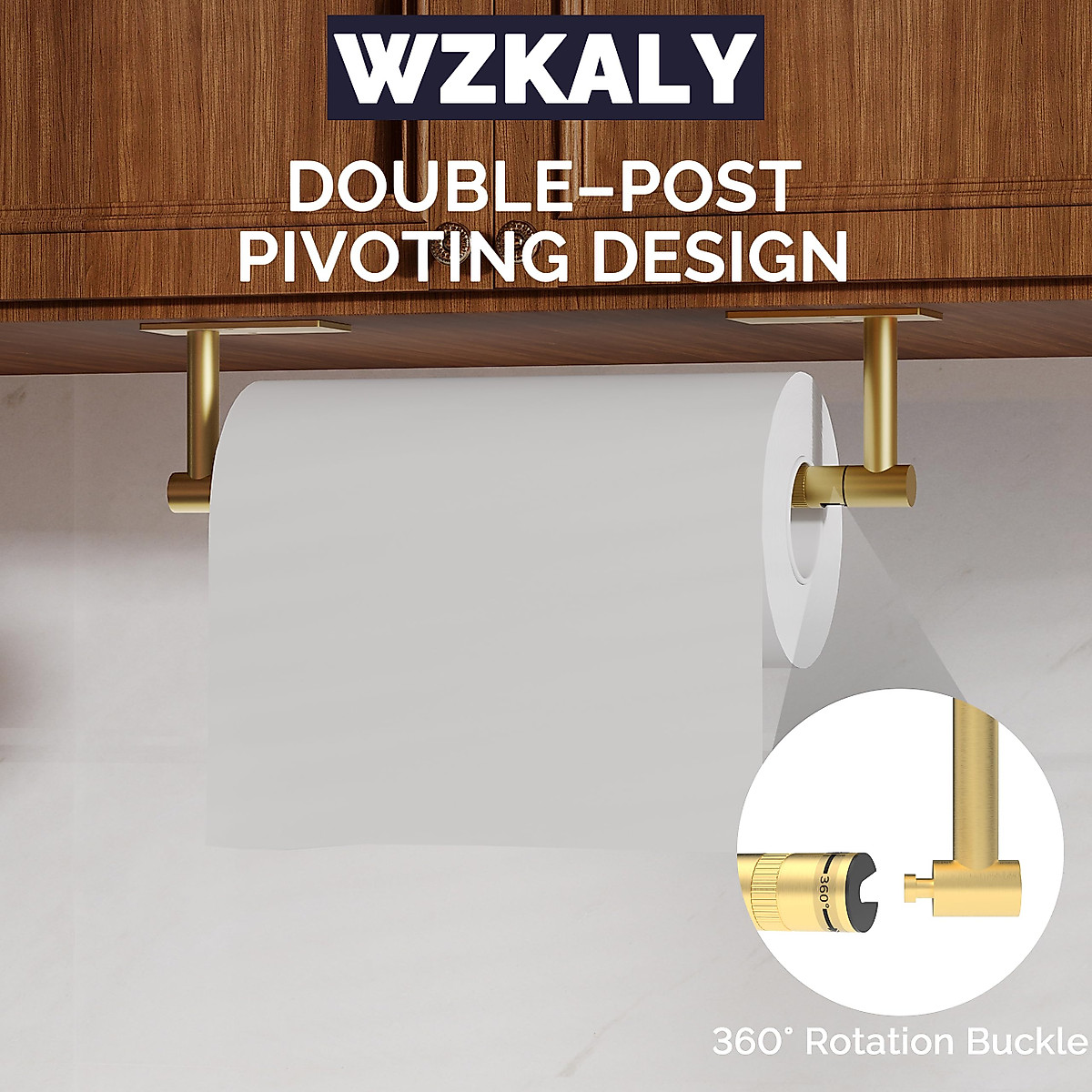 WZKALY Paper Towel Holder Under Cabinet, Self Adhesive or Wall Mounted SUS304 Stainless Steel Paper Towel Holder for Kitchen, Bathroom, Farmhouse, Barbecue and Laundry (Brushed Gold)