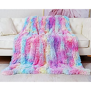 Super Soft Faux Fur Throw Blanket, Reversible Lightweight Fluffy Blanket 62" x 78", Plush Shaggy Rainbow Blanket, Perfect Decoration for Couch Sofa Bed, Rainbow Color