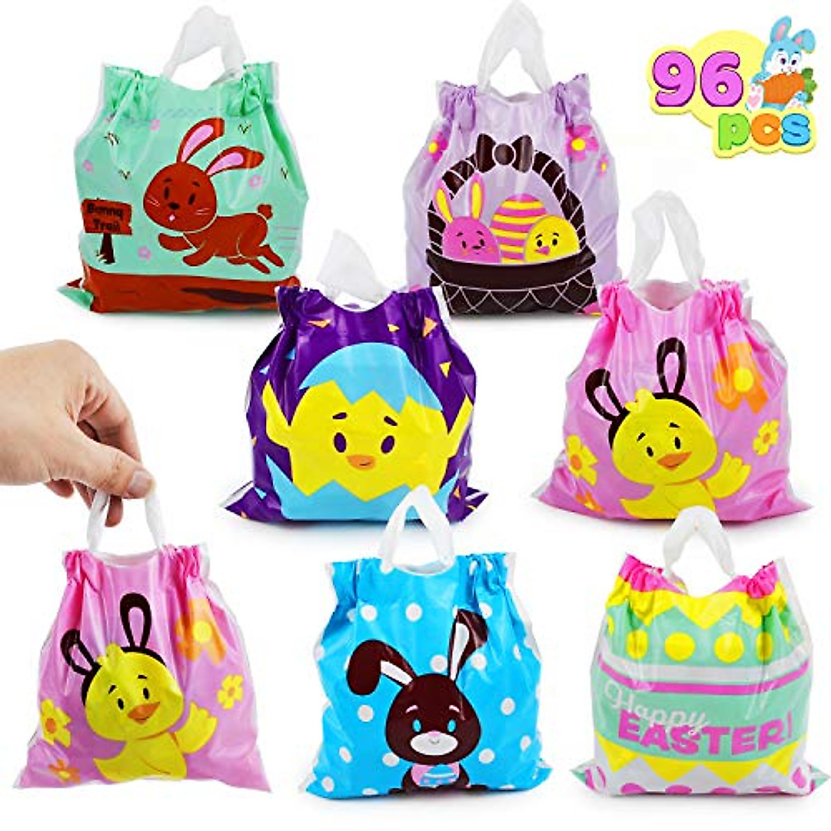 JOYIN 96 Pcs Easter Goodies Bags, Easter Kids Party Supplies, Draw String Easter Treat Bags, Goodie Bags, for Party Favor and Easter Classroom Prize Supplies
