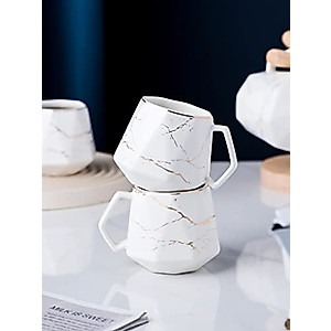 Jusalpha 7PC Deluxe Golden Marble Porcelain Coffee Mug Set with Wooden Mug Tree Holder, TCS28 (White)
