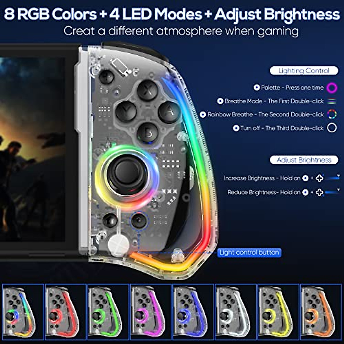 Switch Controller for Nintendo Switch/OLED, One-Piece Switch Pro Controllers Replacement for Joycon, Handheld Switch Grip Remote with 8 RGB Colors, Adjustable TURBO, Dual Motor Vibration, Back Button