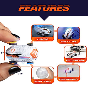 USA Toyz Whipz Micro Racers Toy Cars for Kids - Mini Keychain Car, Glow in The Dark LED Fast Pocket Racer Fidget Toy, Mini Car Spinner with Racing Stunt Ball, Keychain Clip, and USB Charger