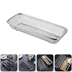 Hemoton Kitchen Utensil Caddy Chopstick Holders Stainless Steel Utensil Crock Flatware Drying Rack Countertop Utensil Organizer with Wooden Base for Knives Forks Spoons