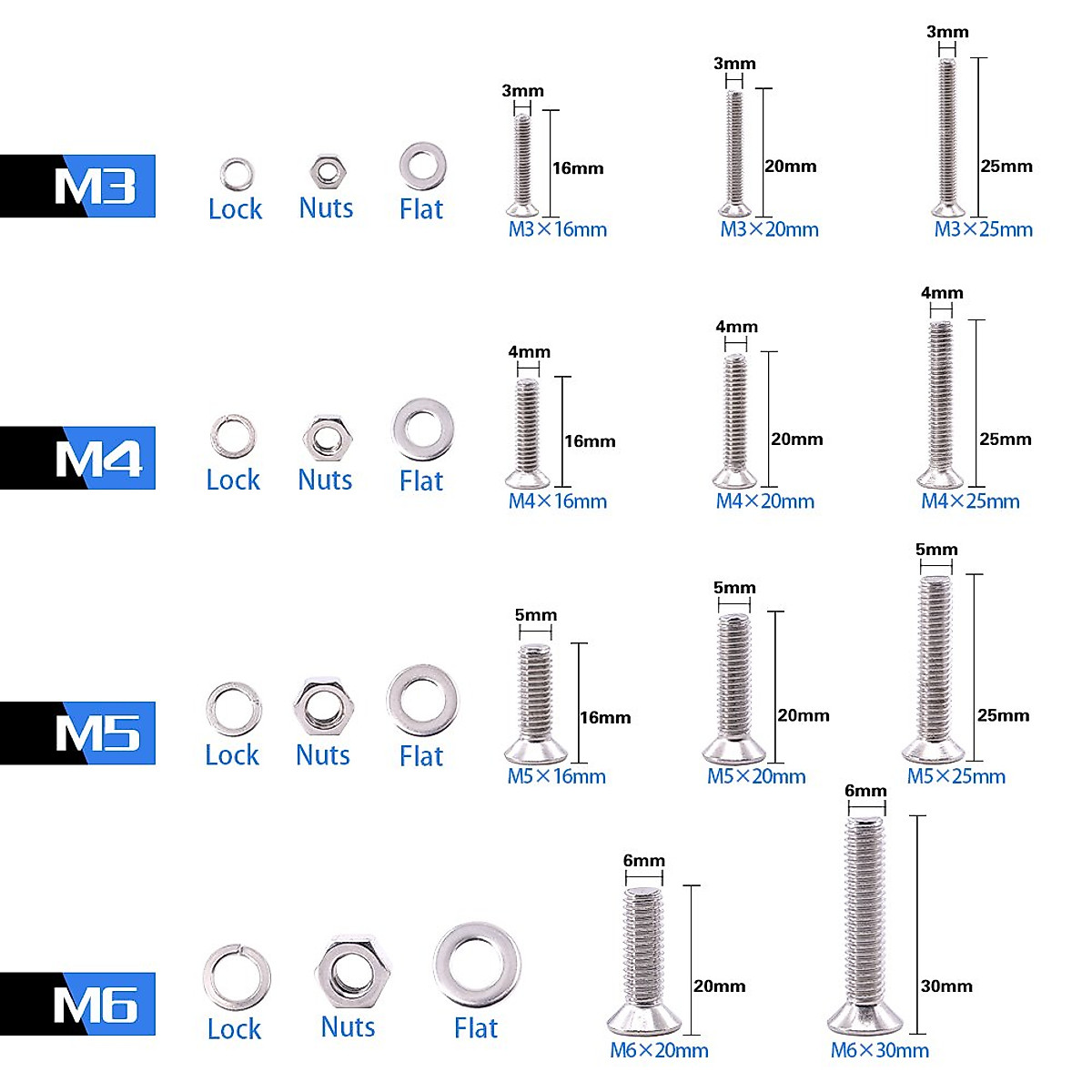 Glarks 665Pcs 304 Stainless Steel M3 M4 M5 M6 Phillips Flat Head Machine Screws Bolts Nuts and Flat Gasket Spring Washers Assortment Set, Full Thread