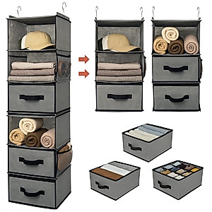 GRANNY SAYS 6-Shelf Hanging Closet Organizer, Separable to 2 Pack 3-Shelf, Closet Organization and Storage with 3 Different Drawers, 4 Side Pockets Wardrobe Clothes Organizer, Gray, 1-Pack
